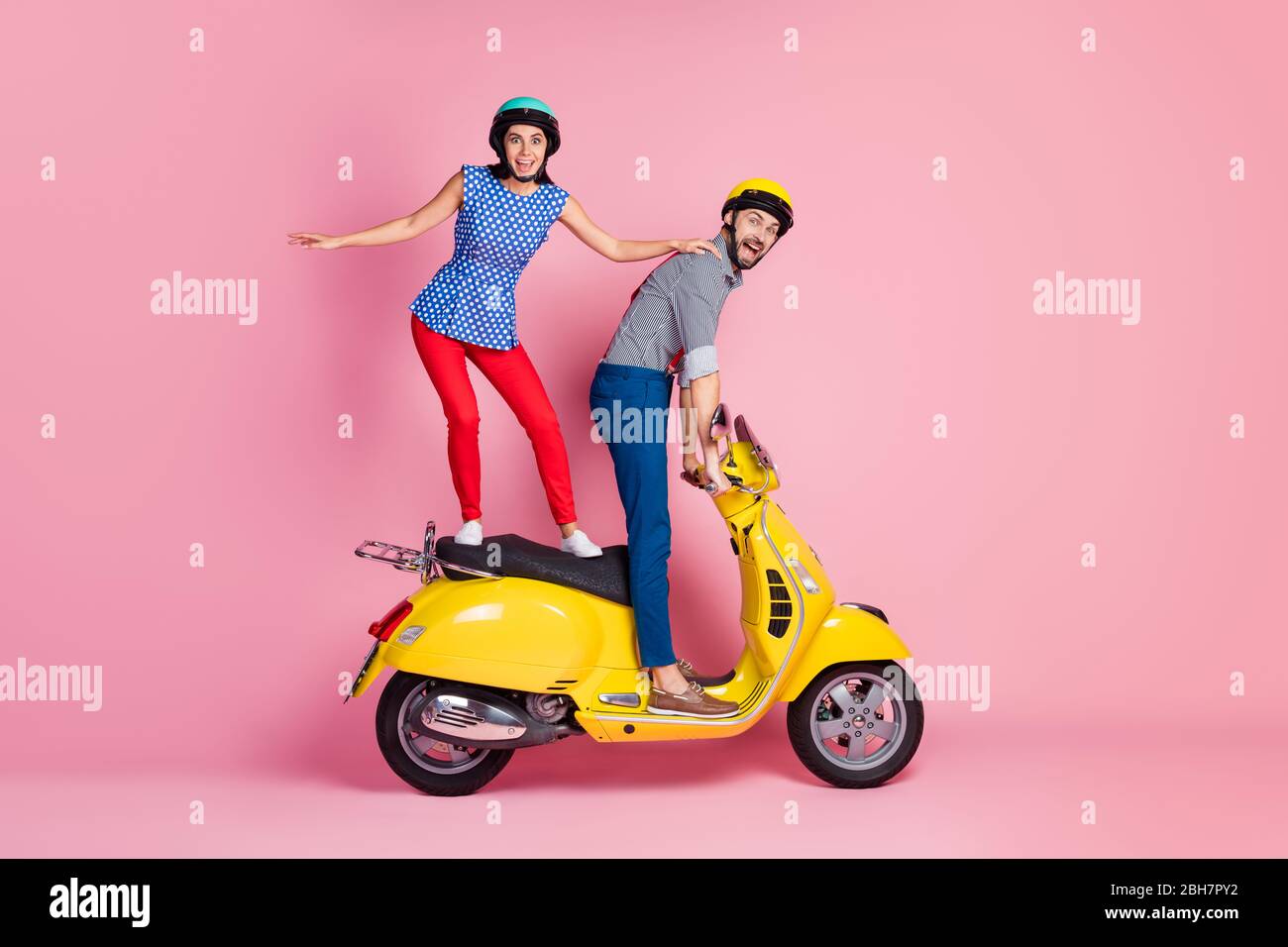 Full size profile side photo of positive cheerful two people bikers ...