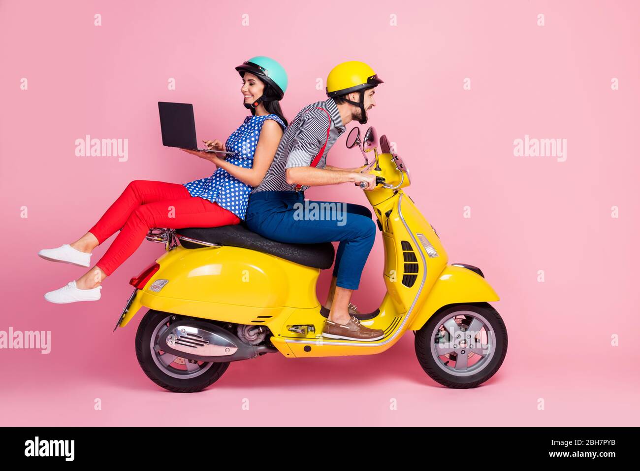 Full length photo of positive cheerful two people bikers drive yellow ...