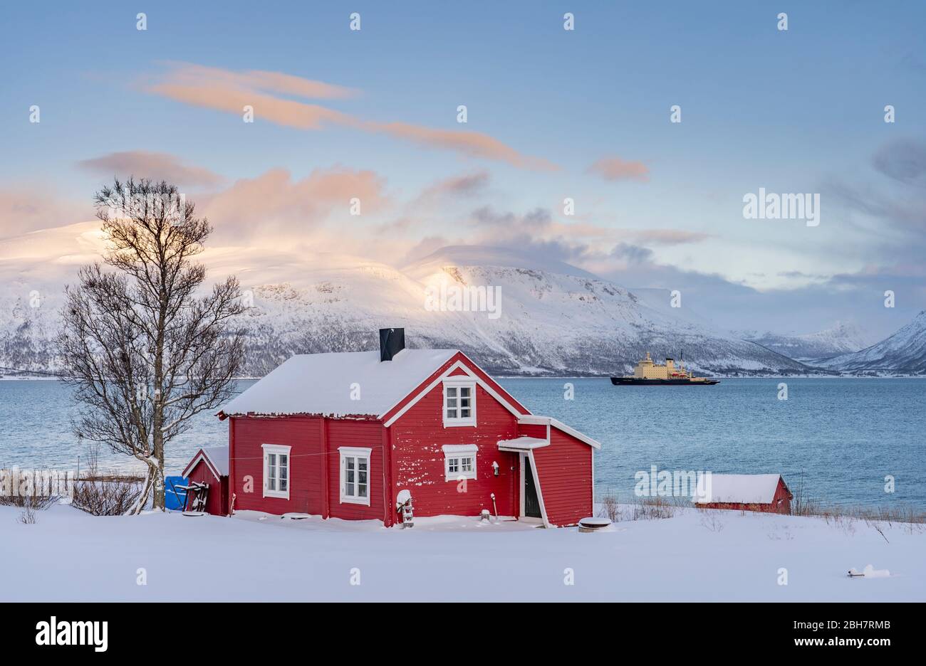 Icebreaker on the Grotsund fjord, north of Tromso, northern Norway ...
