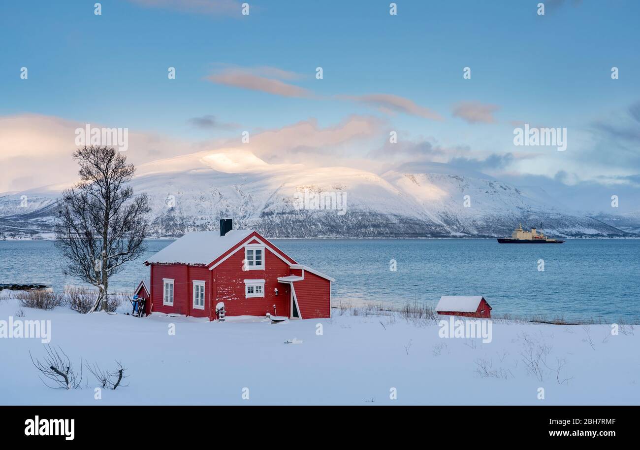 Icebreaker on the Grotsund fjord, north of Tromso, northern Norway ...