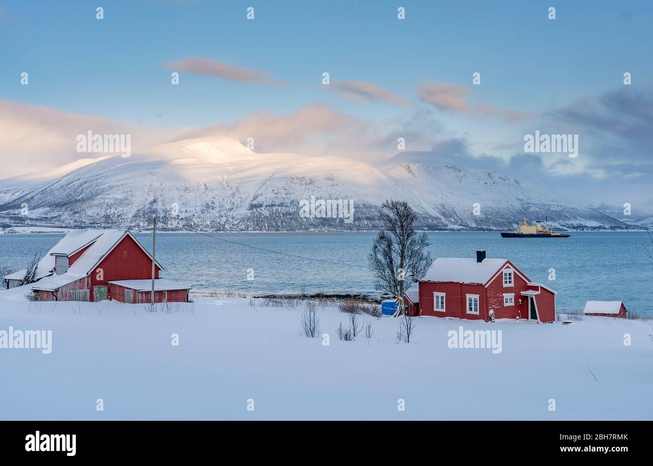 Icebreaker on the Grotsund fjord, north of Tromso, northern Norway ...