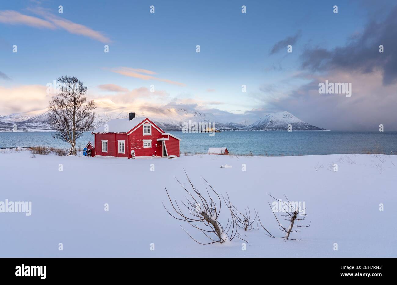 Icebreaker on the Grotsund fjord, north of Tromso, northern Norway ...