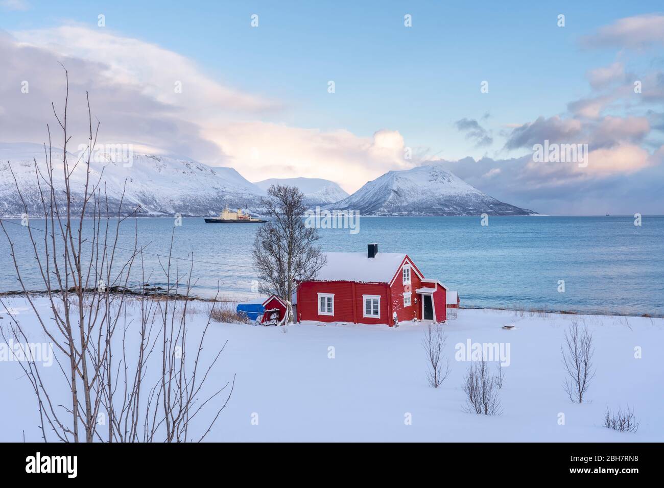 Icebreaker on the Grotsund fjord, north of Tromso, northern Norway ...