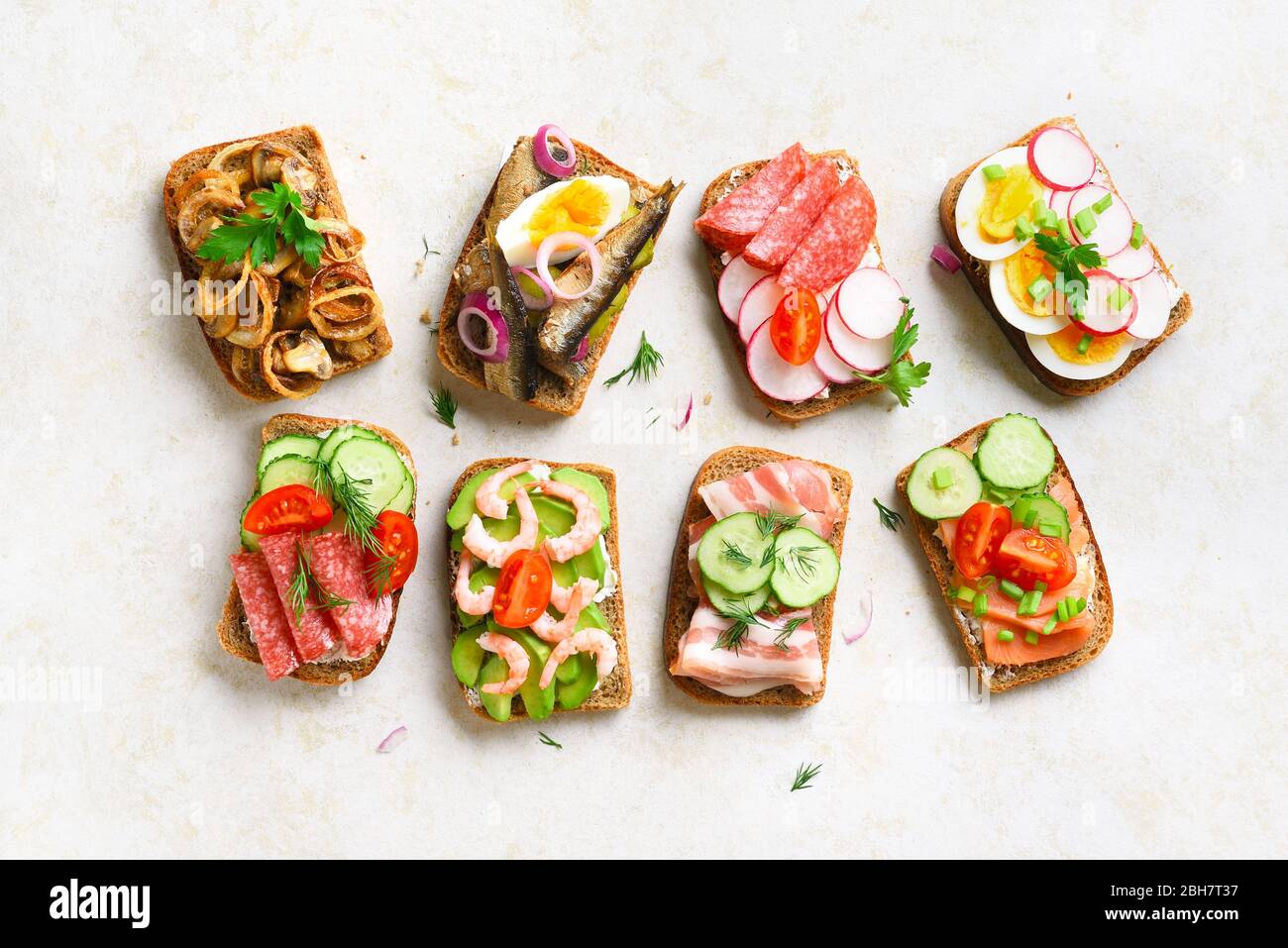 Set of different sandwiches with meat, vegetables, seafood. Assortment ...