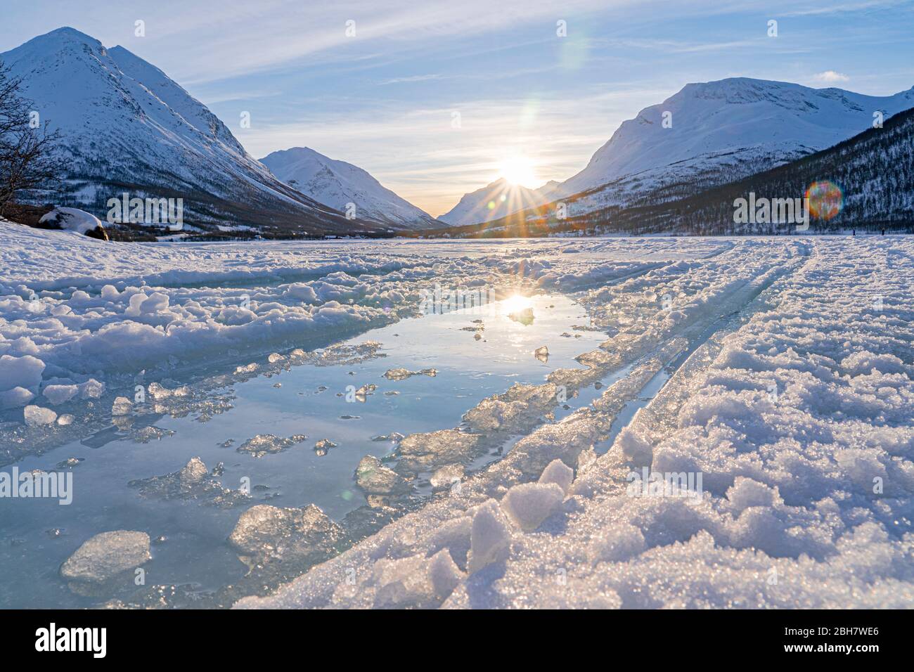 icy winter landscape in the Lyngen Alps, Finnmark in northern Norway ...