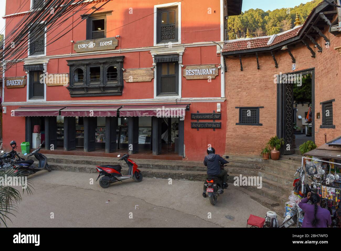 Tansen, Nepal - 14 January 2020: restaurant on a traditional house of ...