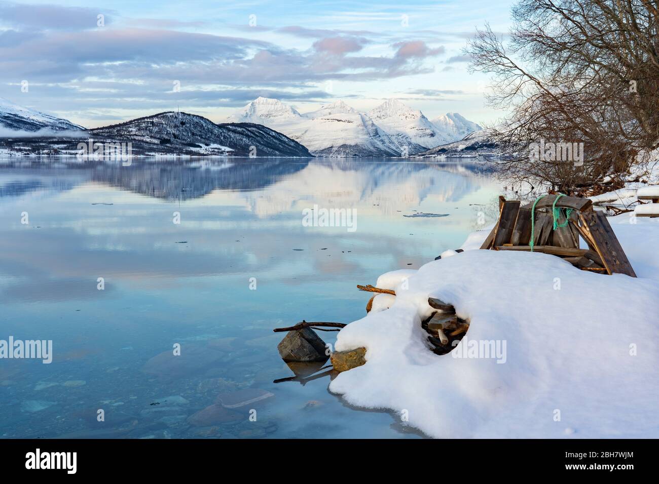 icy winter landscape in the Lyngen Alps, Finnmark in northern Norway ...