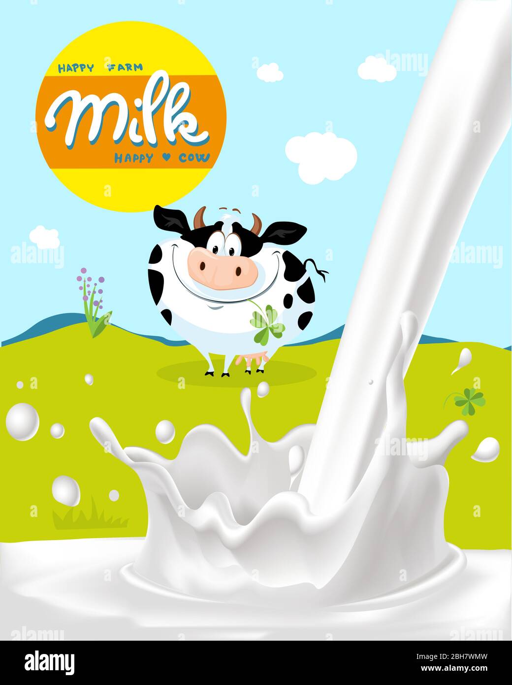 Milk Splash, Cow and Green Farm Land Design with Logo - Vector ...