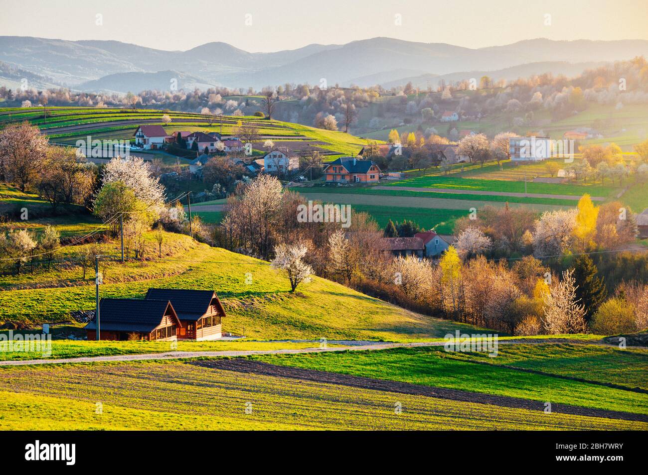 Spring in Slovakia. Meadows and fields landscape near Hrinova. Spring ...