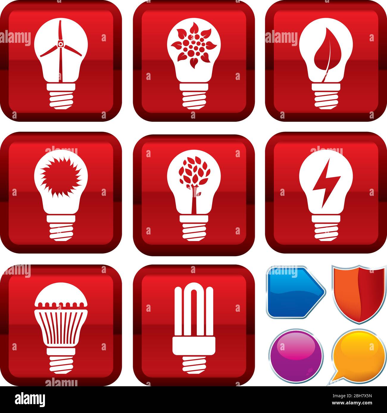 Vector illustration. Set of renewable energy icons on square buttons ...