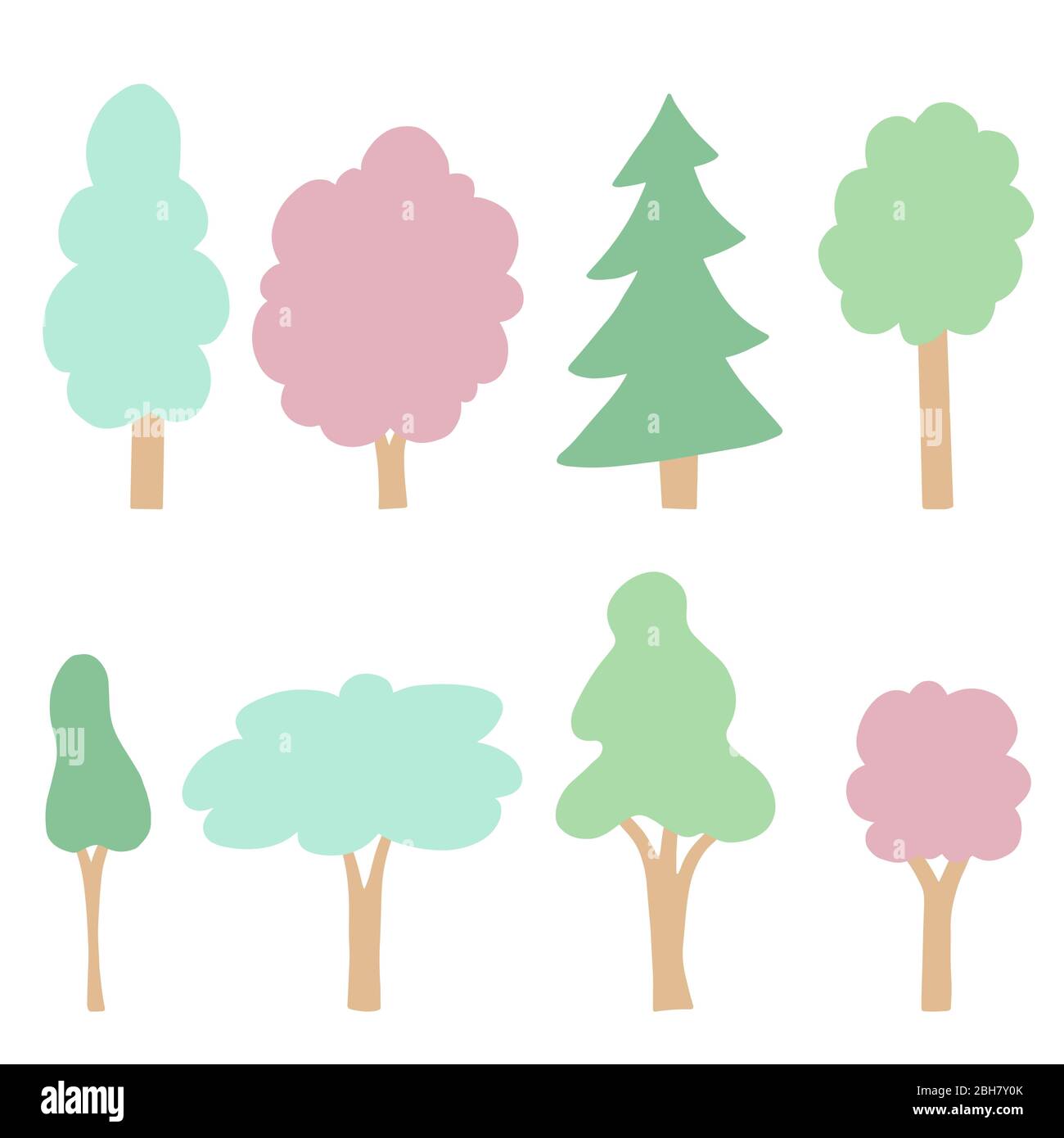Set of cartoon tree with hand drawn elements isolated. Nature flat tree ...
