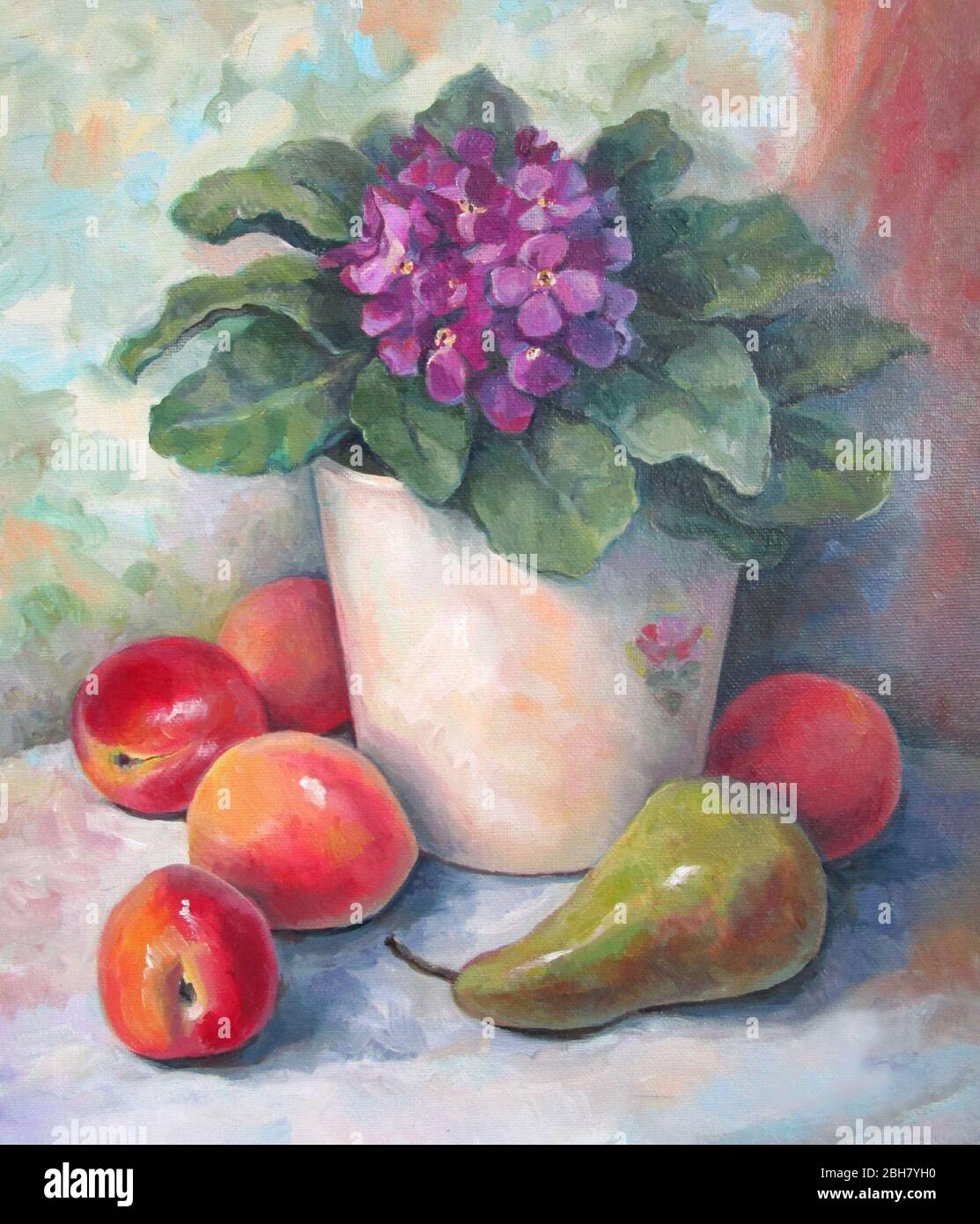 Still life with a violet, peaches and a pear Stock Photo - Alamy