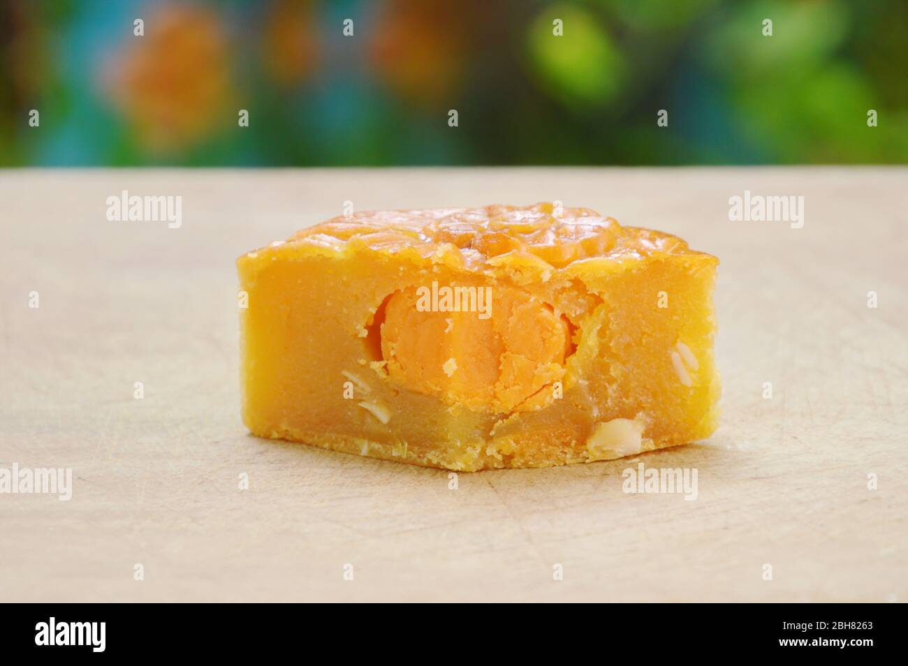 moon cake Chinese tradition dessert stuffed mashed durian cut for piece ...