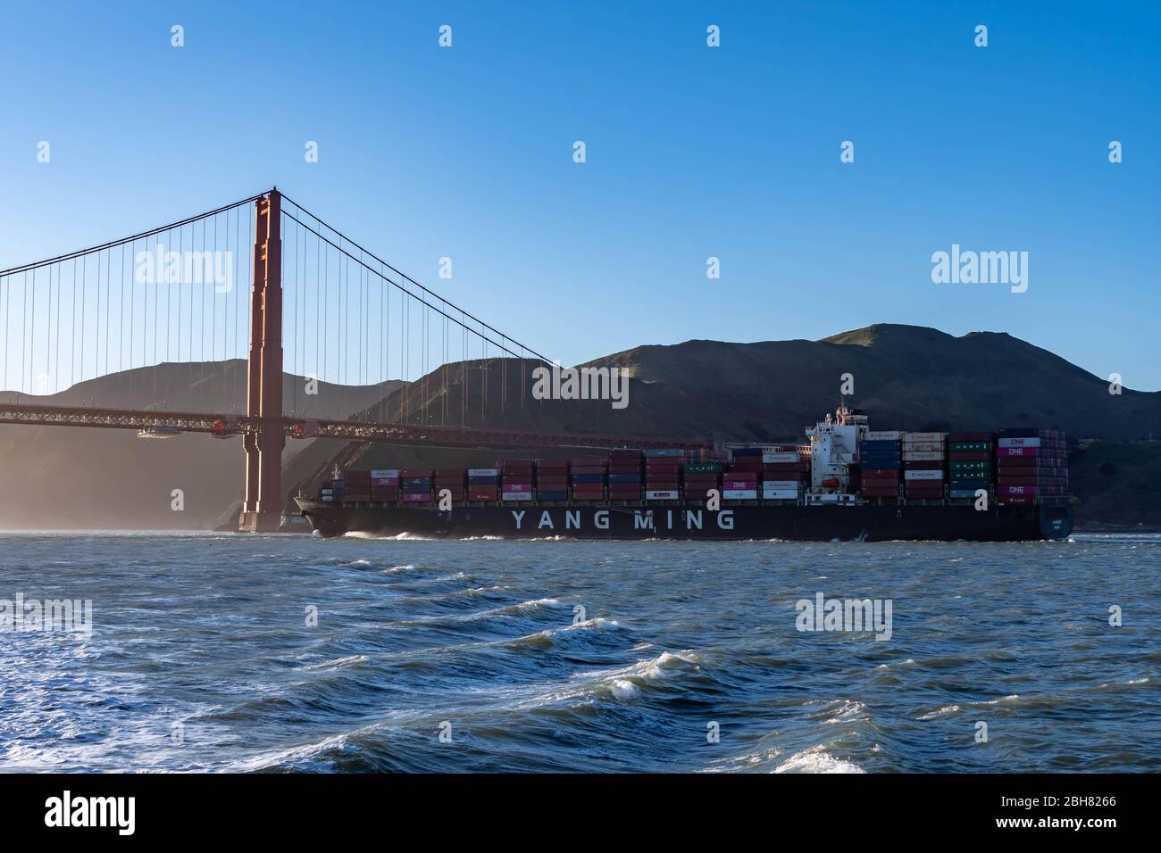 Container ship while cruising the pacific ocean near San Francisco Bay ...