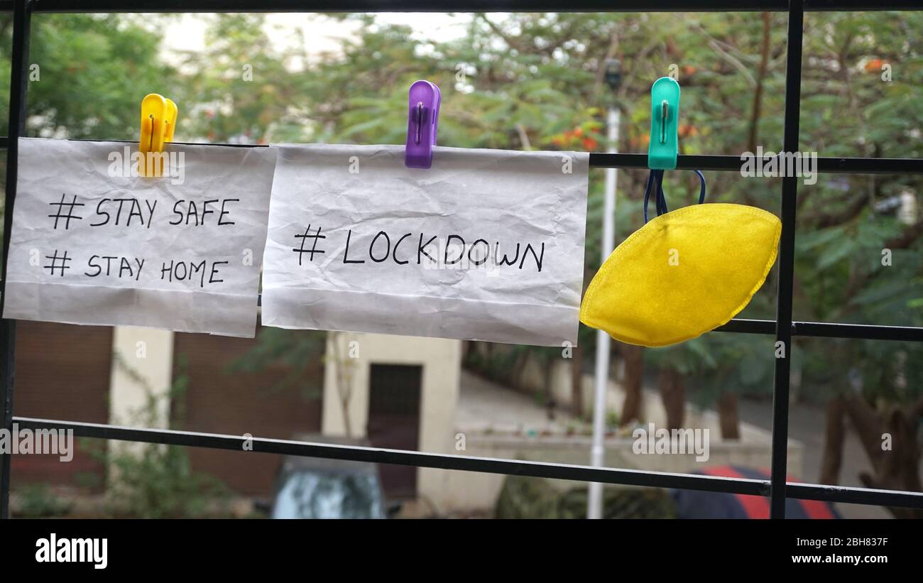 Lockdown sign on a window of building as a referral to the Coronavirus ...