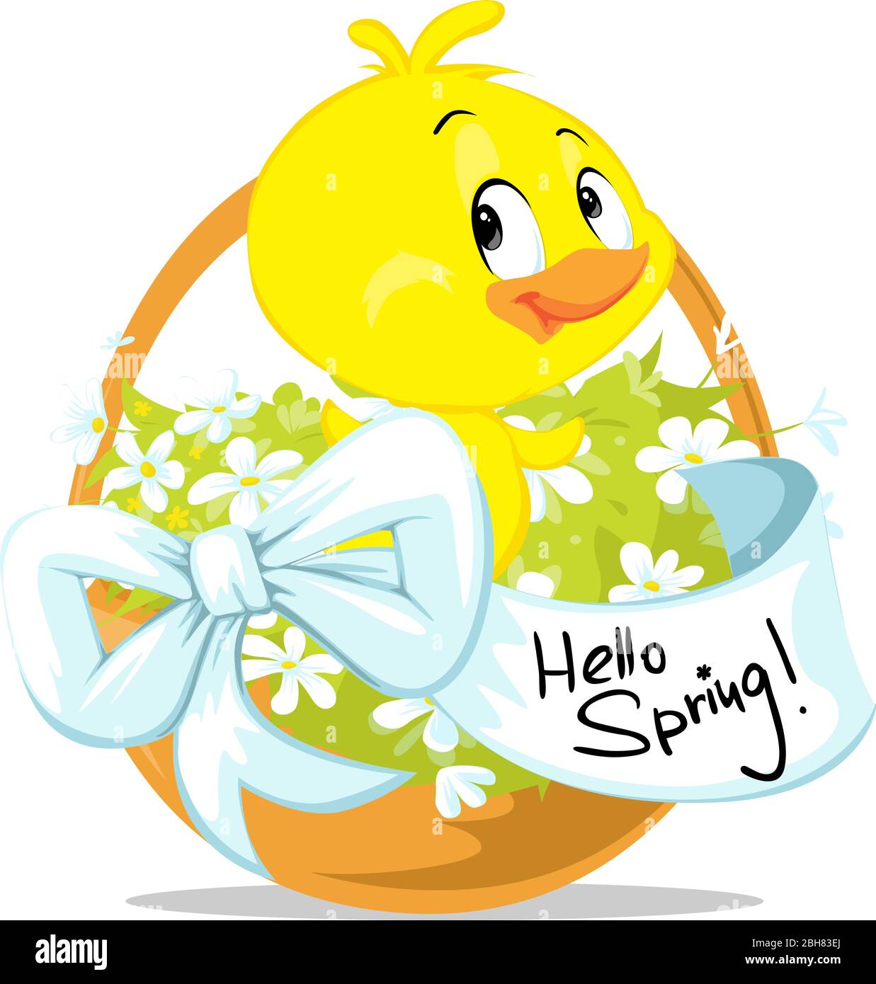 Spring Illustration with Flowers and Chicken in Basket - Vector Cute ...