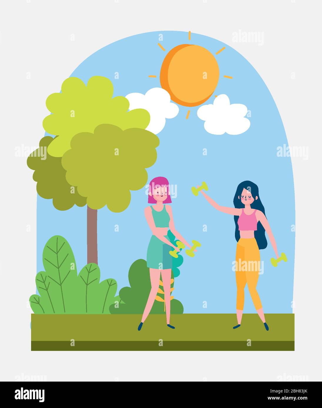 young women training with gym weights in the park cartoon vector ...