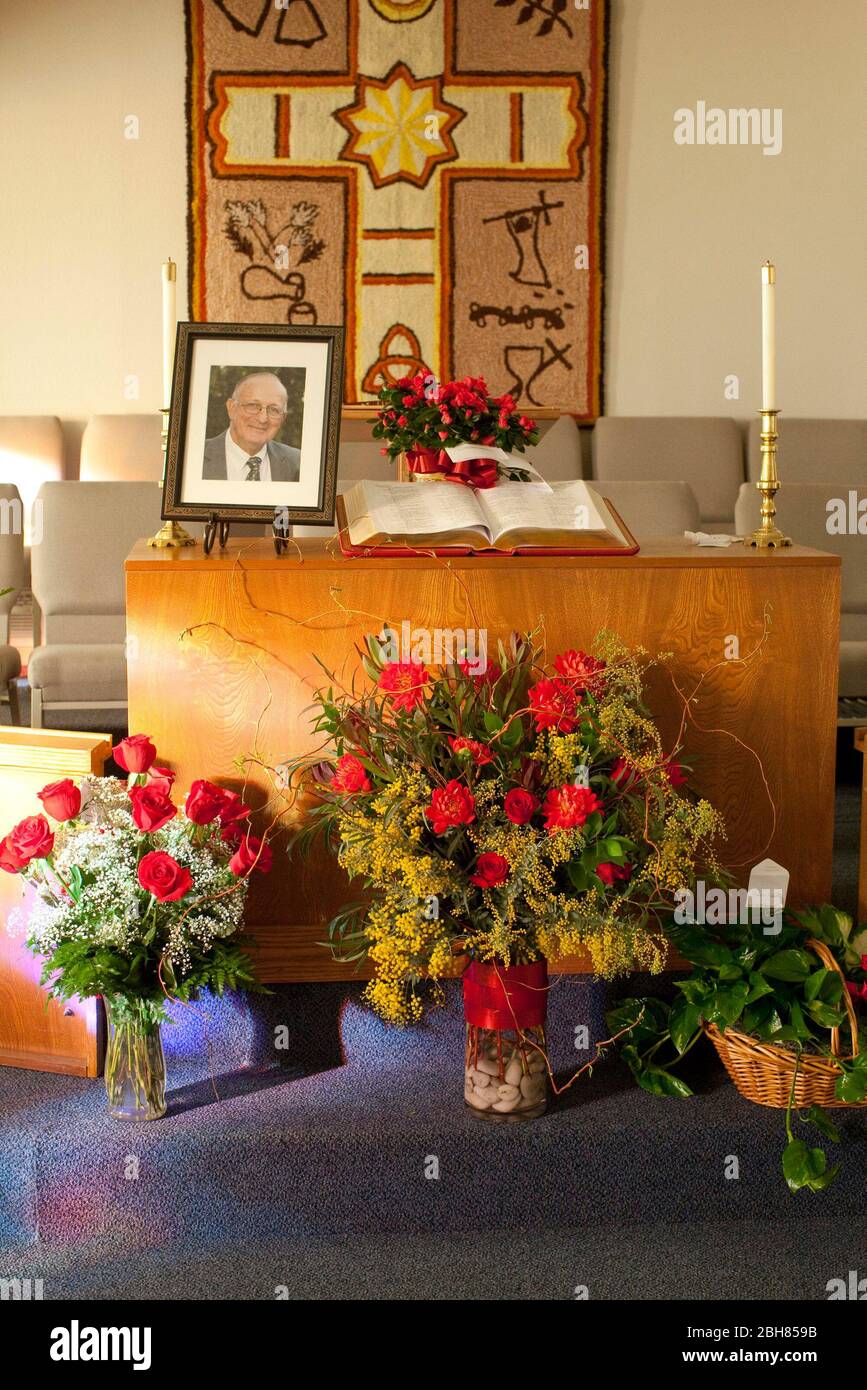 Seven Points, Texas USA, January 10 2010: Altar setting for a funeral ...