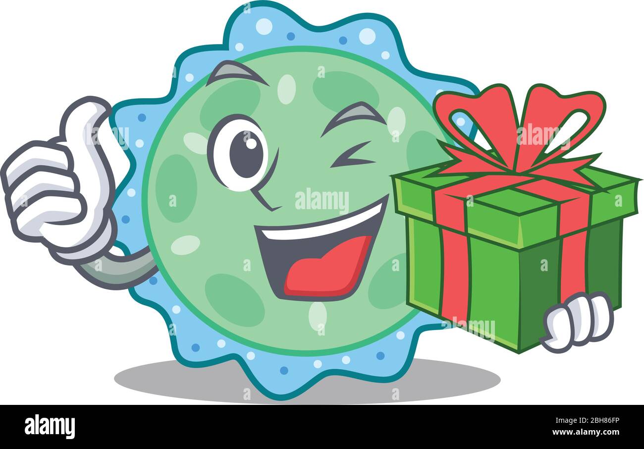 Smiling pseudomonas aeruginosa cartoon character having a green gift ...