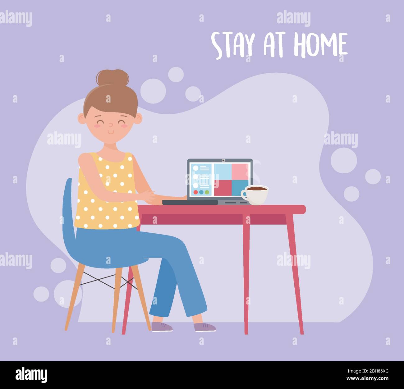stay at home, woman with computer online connected vector illustration ...