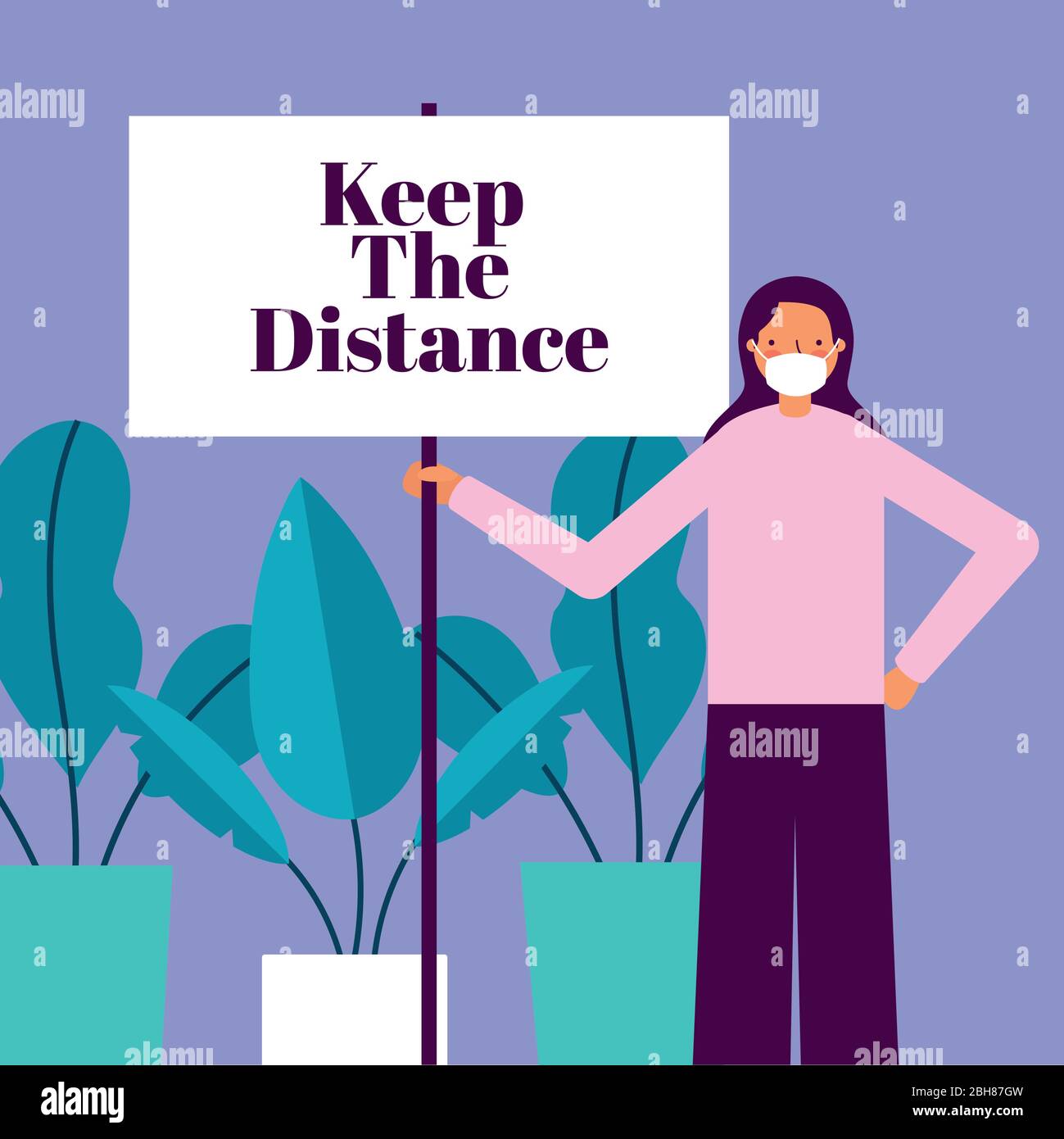 woman with keep the distance banner and houseplants Stock Vector Image ...
