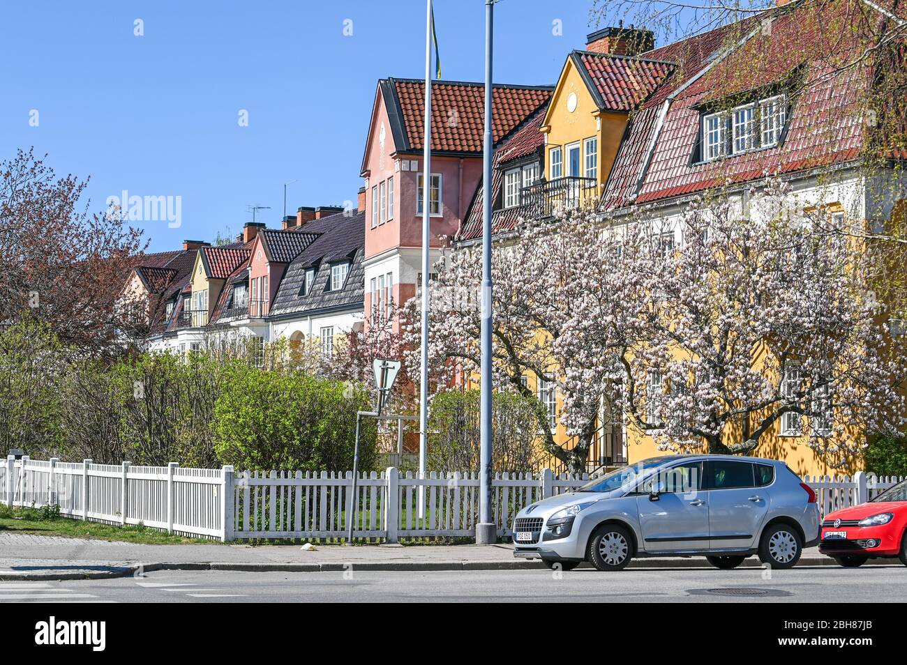 House facades along the Southern Promenade during spring in Norrkoping ...