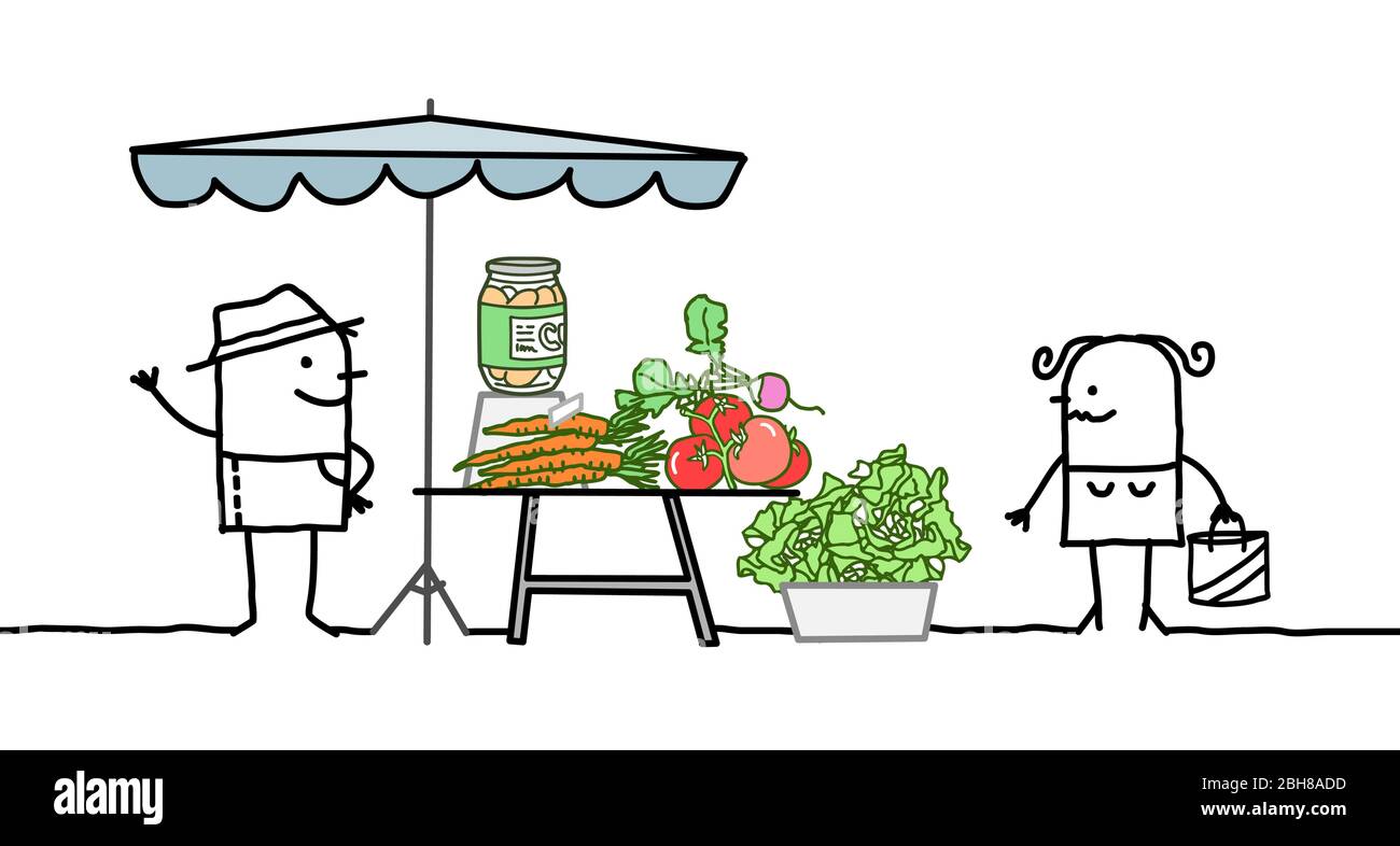 hand drawn Cartoon producer selling organic vegetables on a market ...