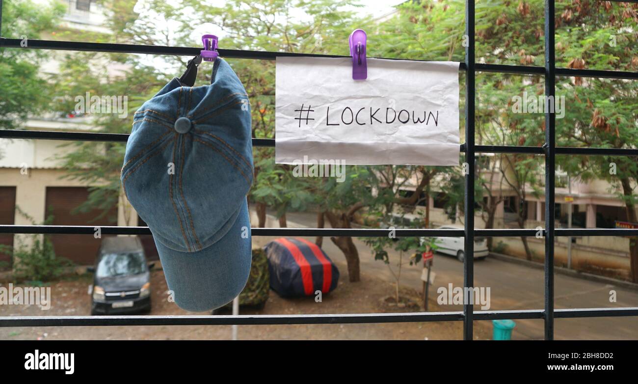 Lockdown sign on a window of building as a referral to the Coronavirus ...