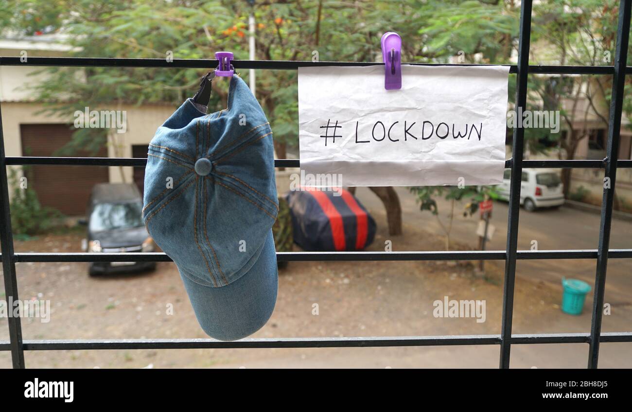 Lockdown sign on a window of building as a referral to the Coronavirus ...