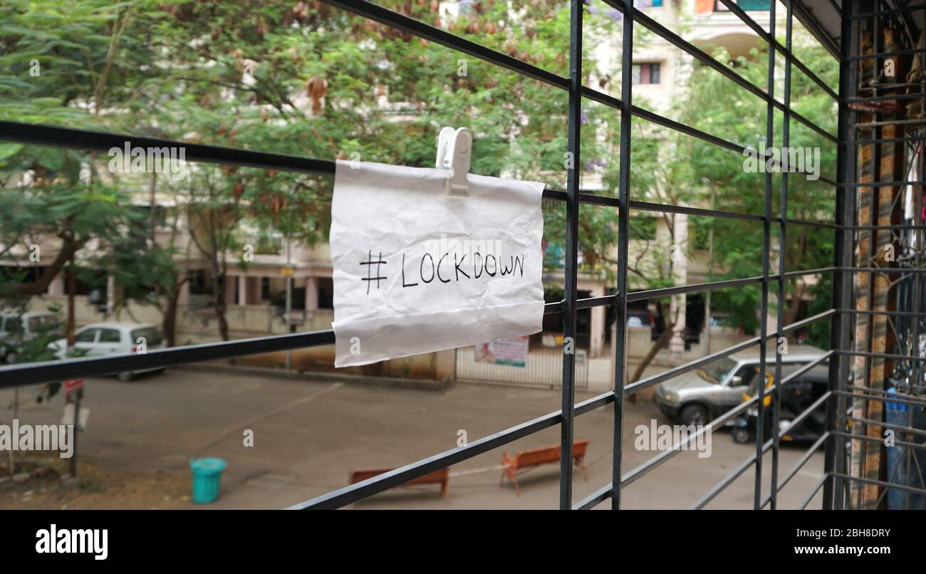 Lockdown sign on a window of building as a referral to the Coronavirus ...