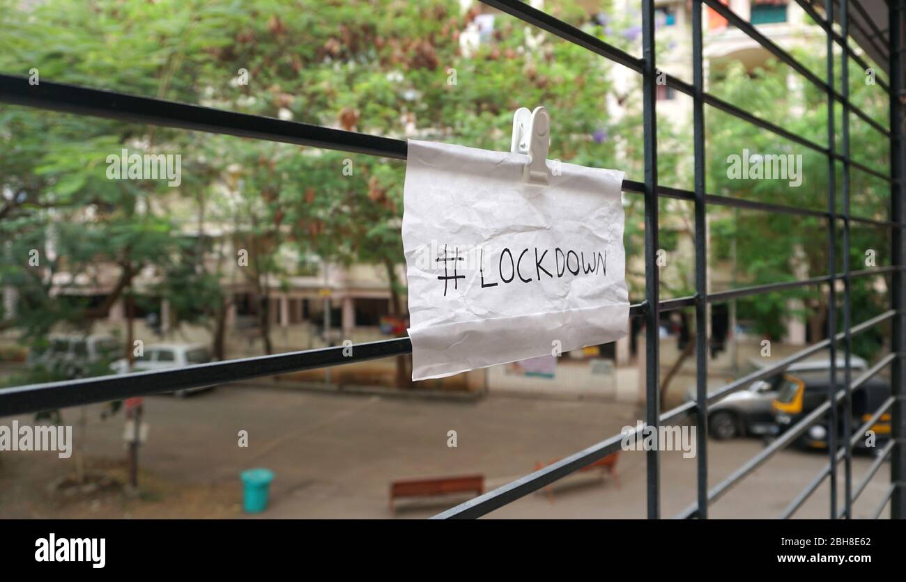Lockdown sign on a window of building as a referral to the Coronavirus ...