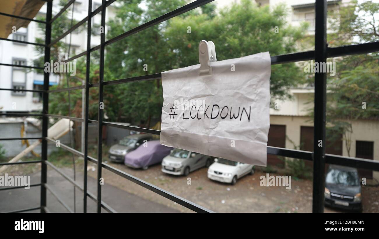 Lockdown sign on a window of building as a referral to the Coronavirus ...