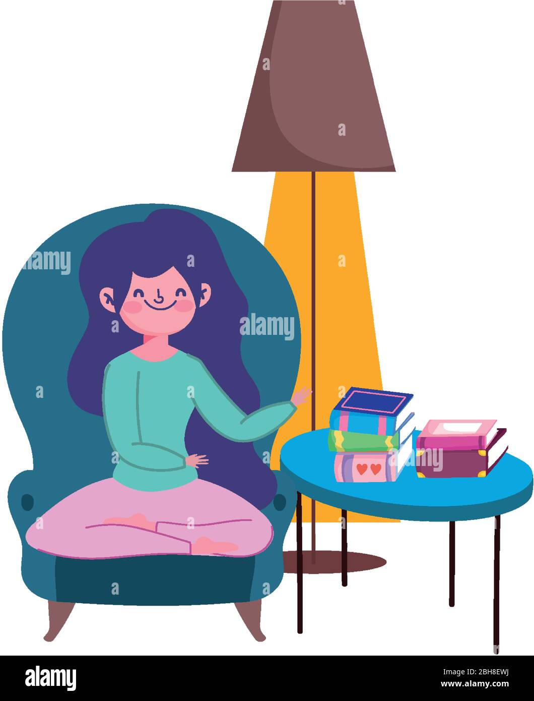 stay at home, girl sitting in chair with books on table cartoon vector ...