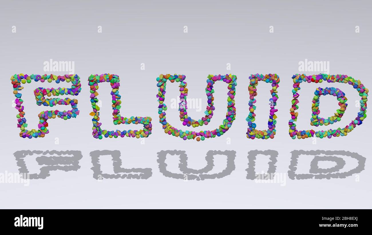 Colorful 3D writting of FLUID text with small objects over a white ...