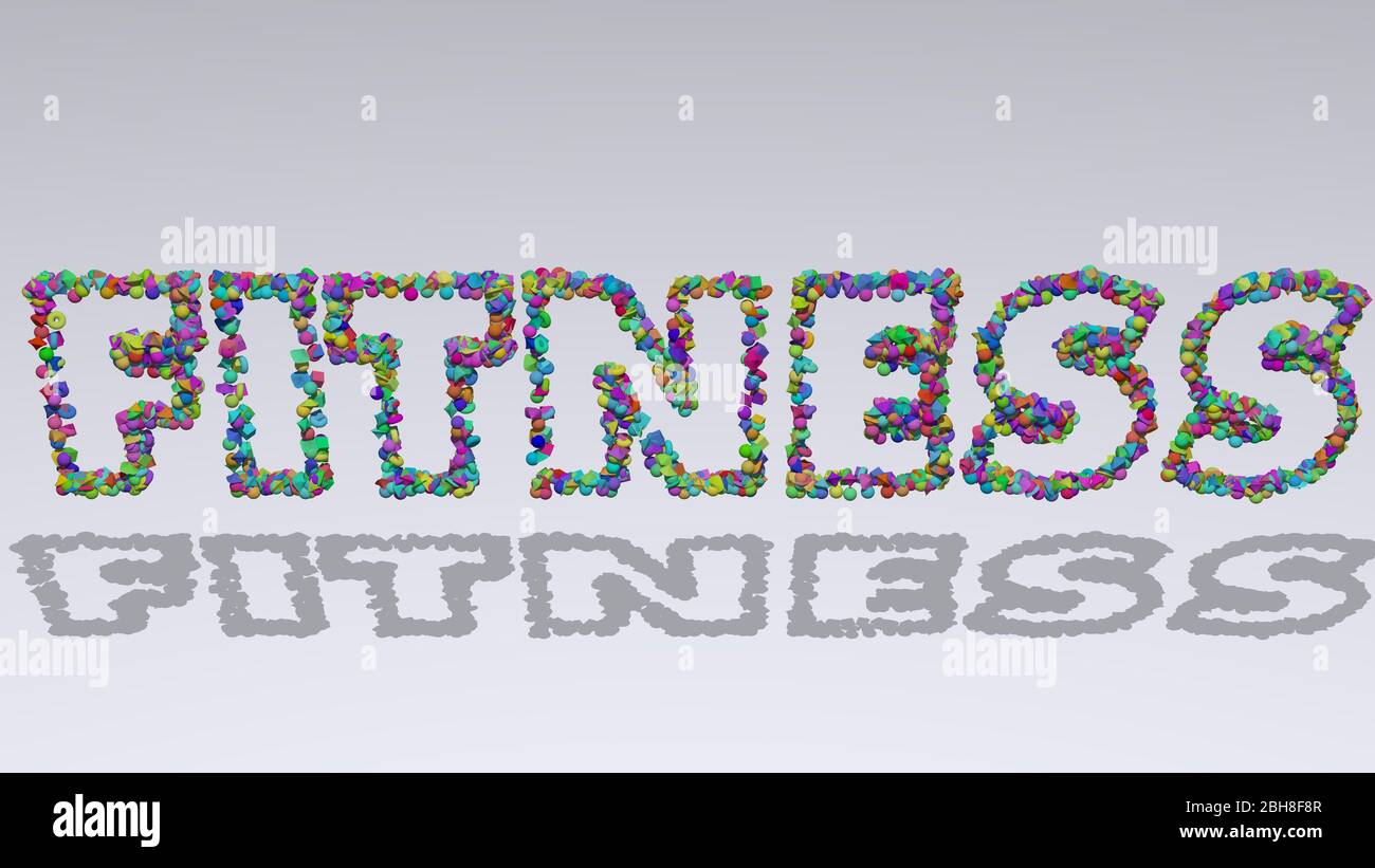 Colorful 3D writting of Fitness text with small objects over a white ...