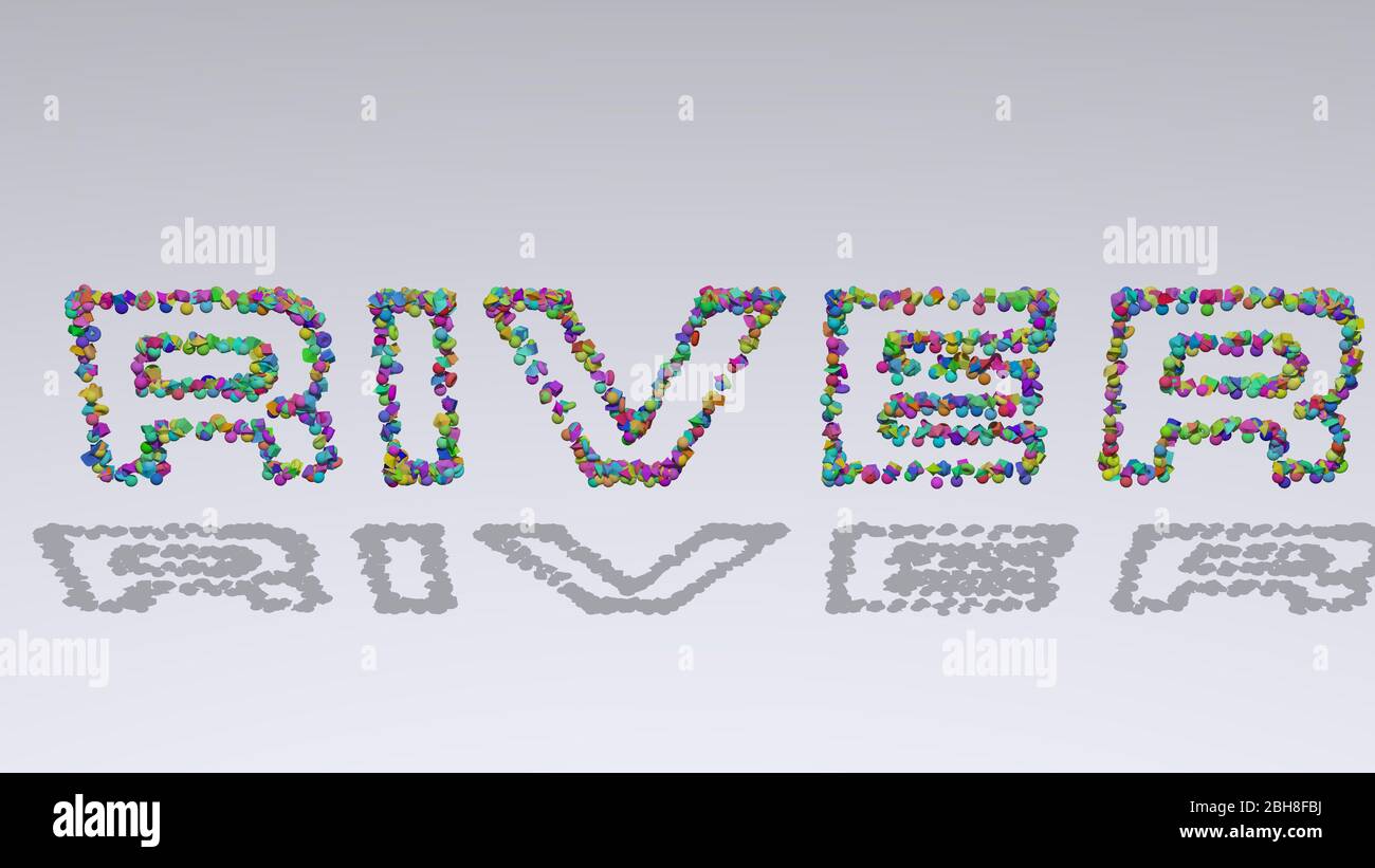 River: 3D illustration of the text made of small objects over a white ...