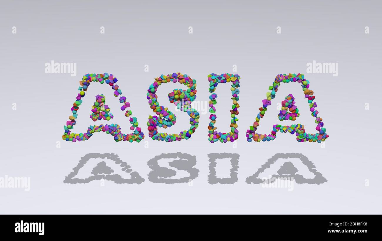 ASIA written in 3D illustration by colorful small objects casting ...