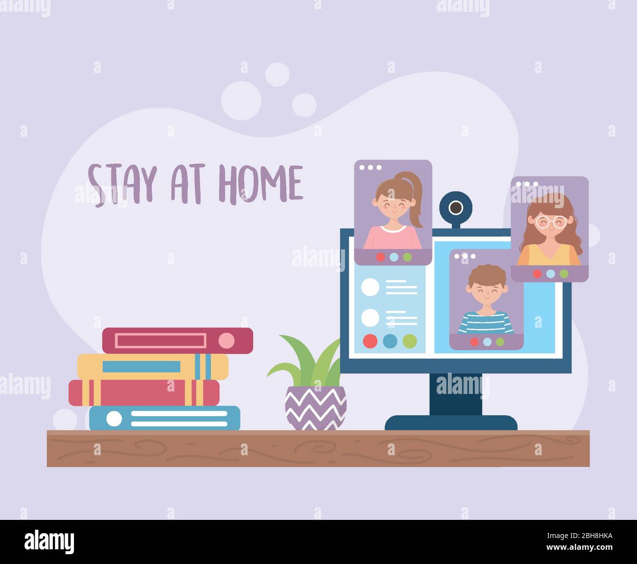 stay at home, studying online people books and potted plant on desk ...