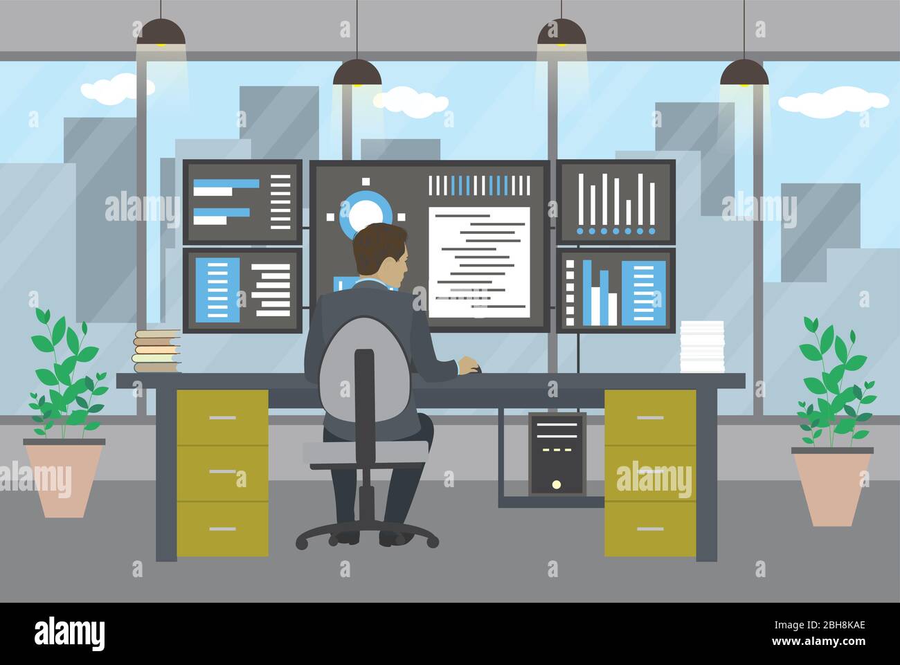 System Administrator working in modern office,workplace interior with ...