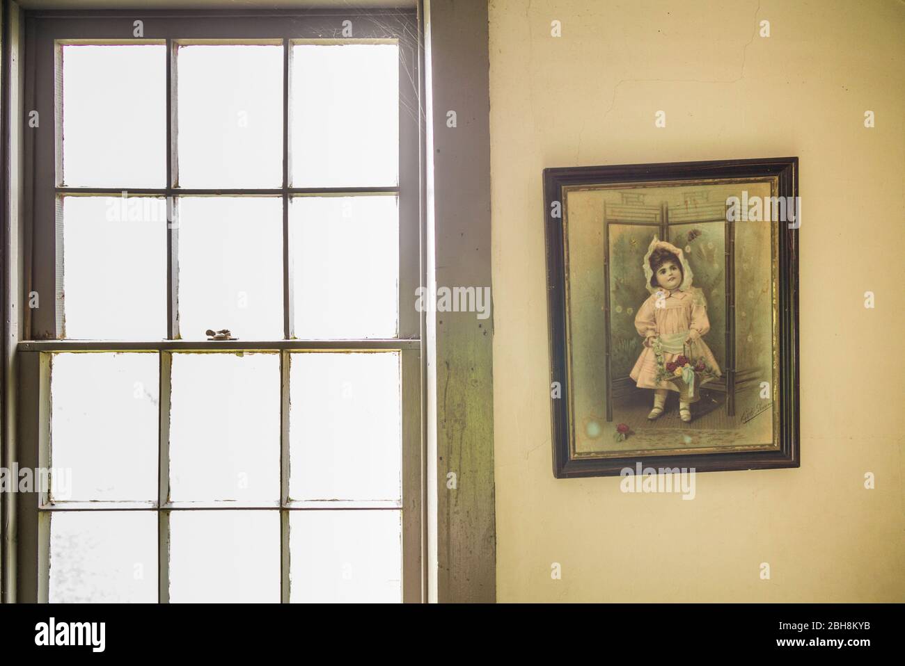 Canada, Prince Edward Island, Orwell, window with 19th century baby ...
