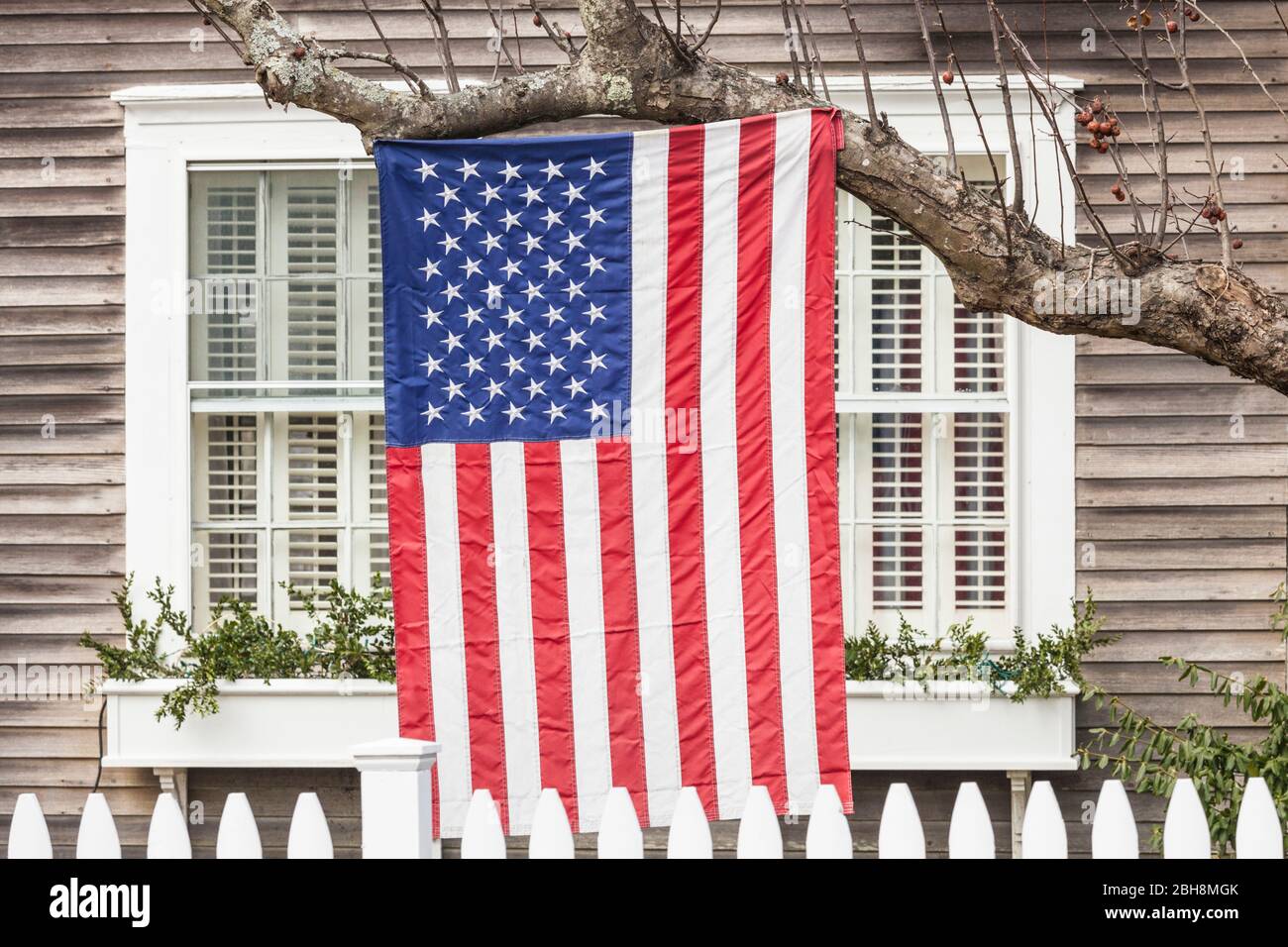 USA, New England, Massachusetts, Cape Cod, Brewster, US flag Stock ...