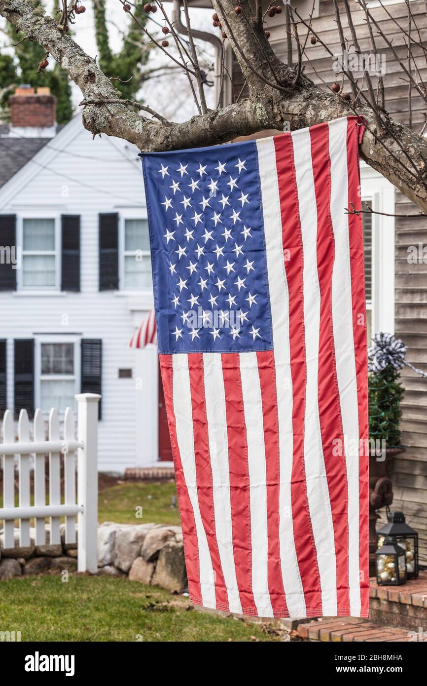 USA, New England, Massachusetts, Cape Cod, Brewster, US flag Stock ...