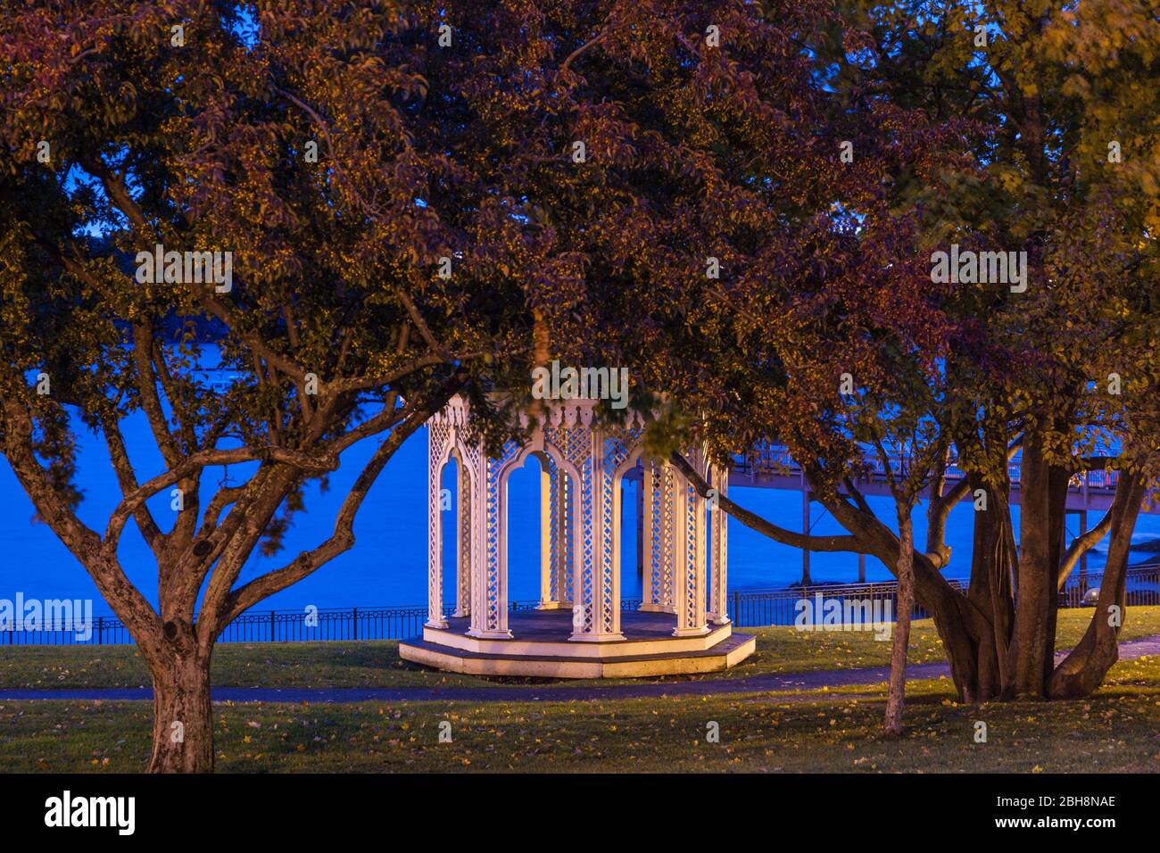USA, Maine, Mt. Desert Island, Bar Harbor, gazebo on Frenchman Bay ...