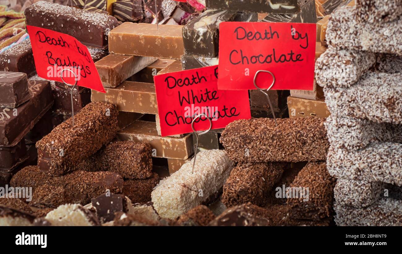 LONDON UK - MAY 06, 2019: Home made confectionery sweets for sale at a ...