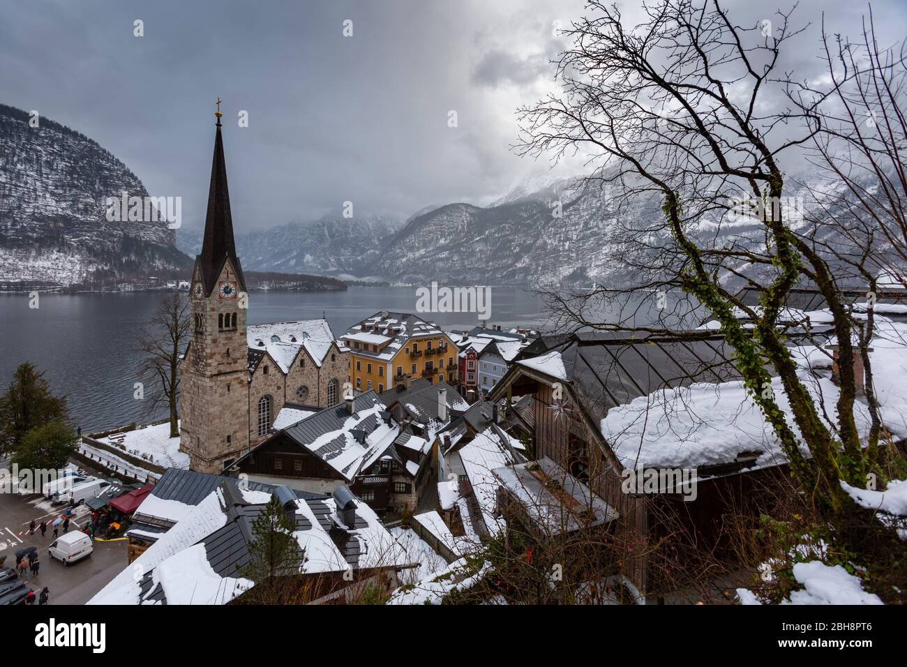 View of the evangelical church in the village of Hallstatt, Austria ...