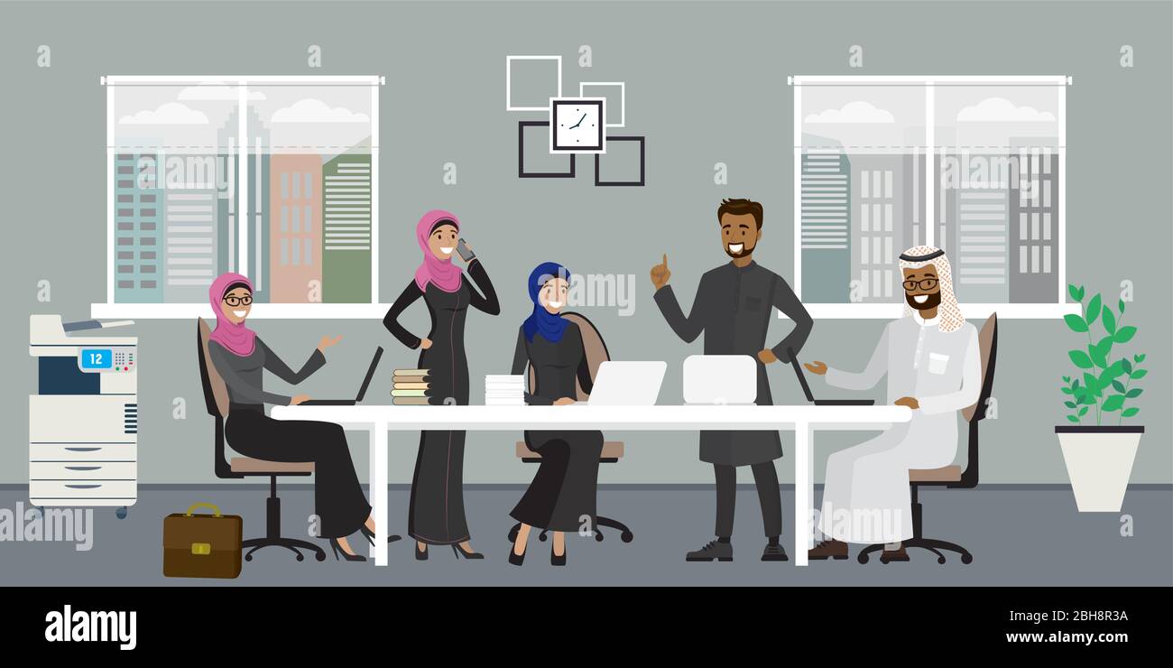 Cartoon arabic business people working at modern office,muslim male and ...
