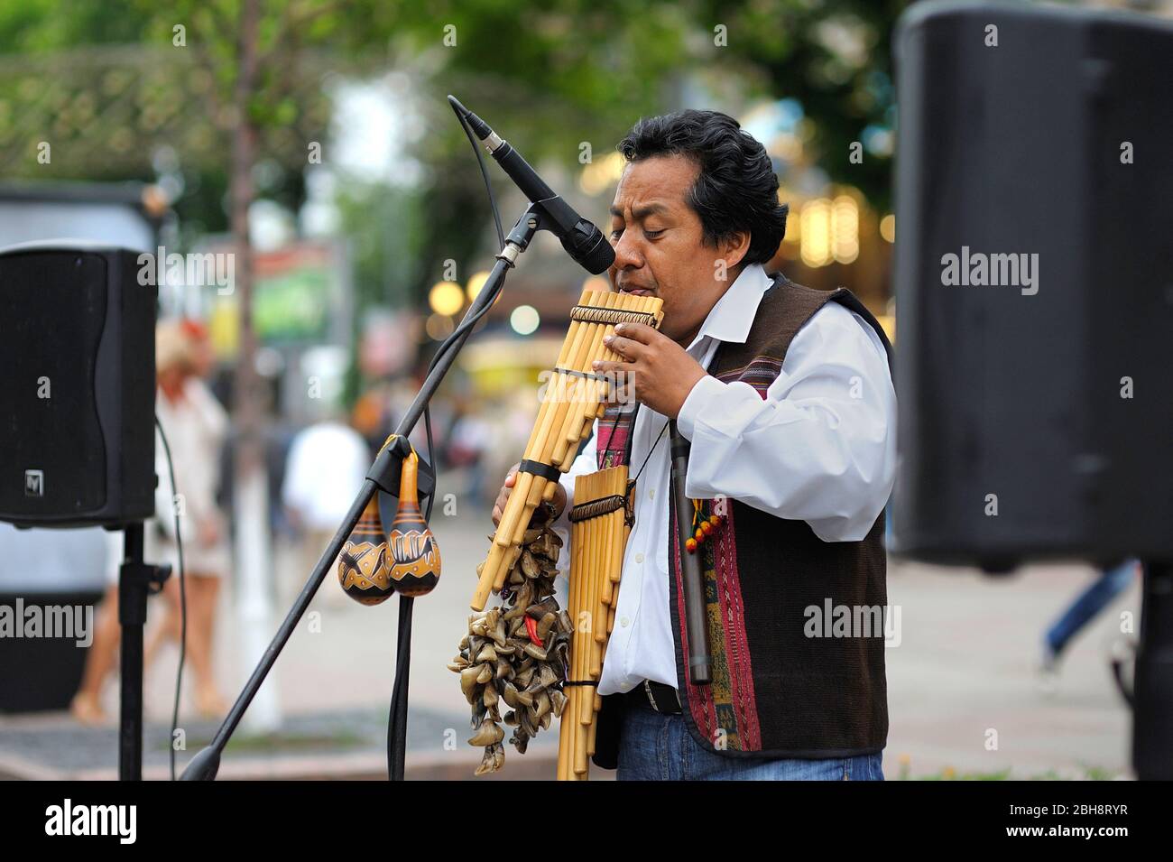 Peruvian busker, street musician, in national clothes playing the ...