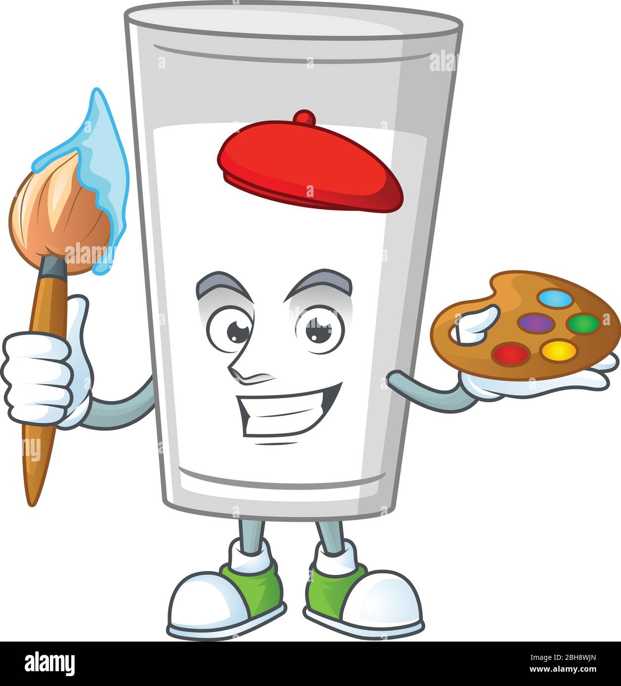 Artistic Artist of glass of milk cartoon character painting with a ...