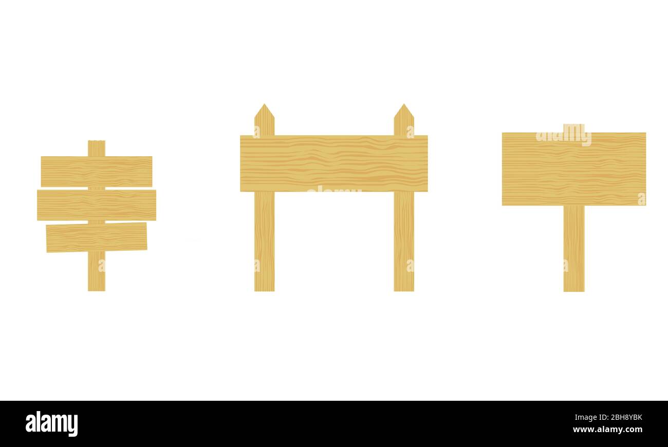 Set of three light brown wooden signs with empty panels. One sign has ...