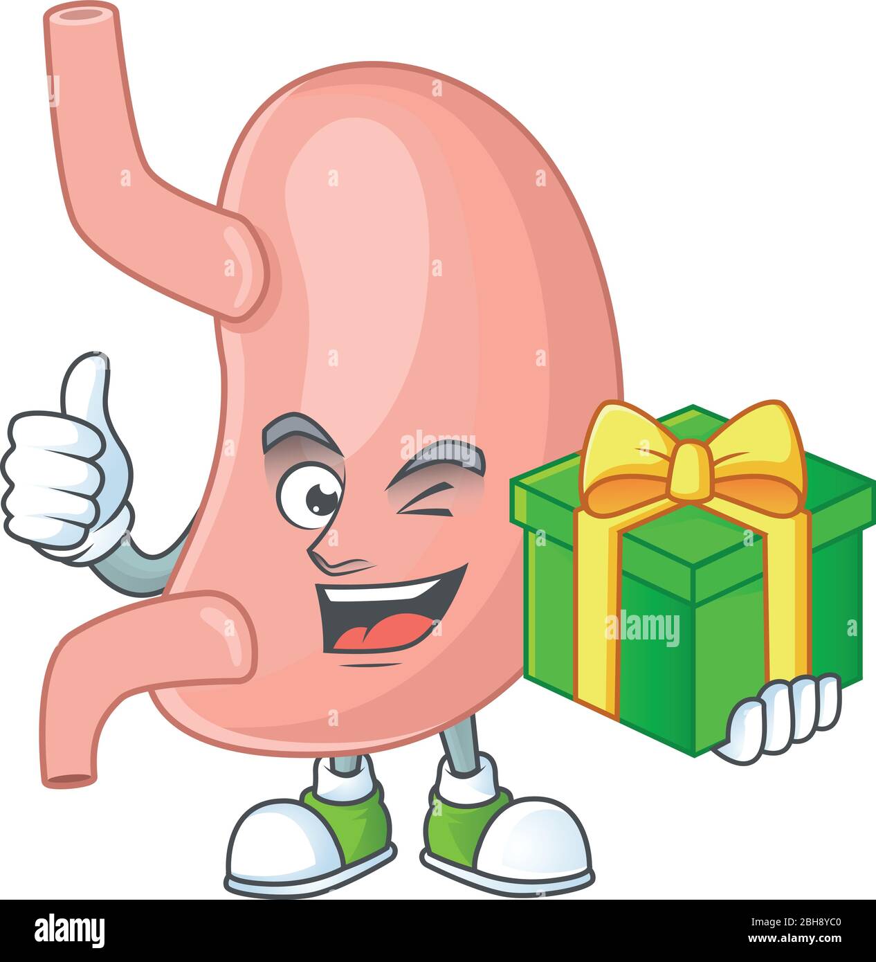 Smiley stomach cartoon character holding a gift box Stock Vector Image ...